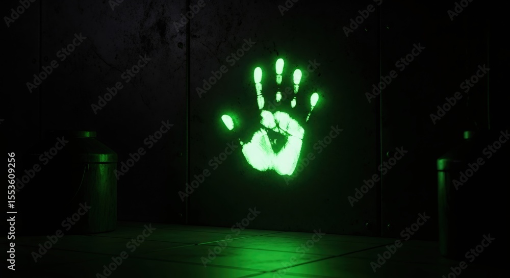 Green glowing handprint on a dark metallic wall. Biohazard and crime ...