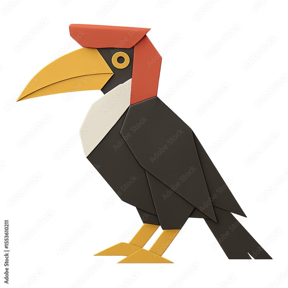 Origami Helmeted Hornbill Made of Folded Paper with Red Casque and ...