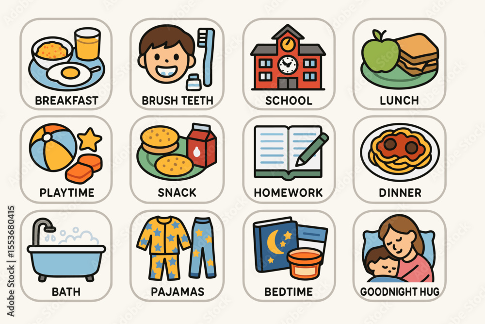 Daily routine for children illustrated with activities and meals icons ...