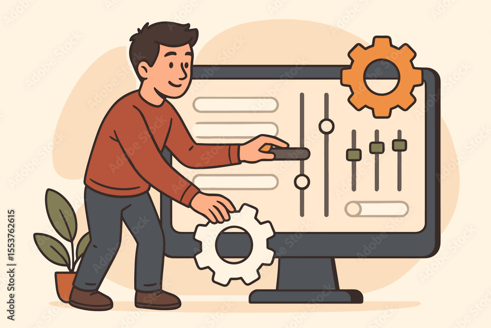 Cartoon man adjusting system settings and control panel parameters on ...