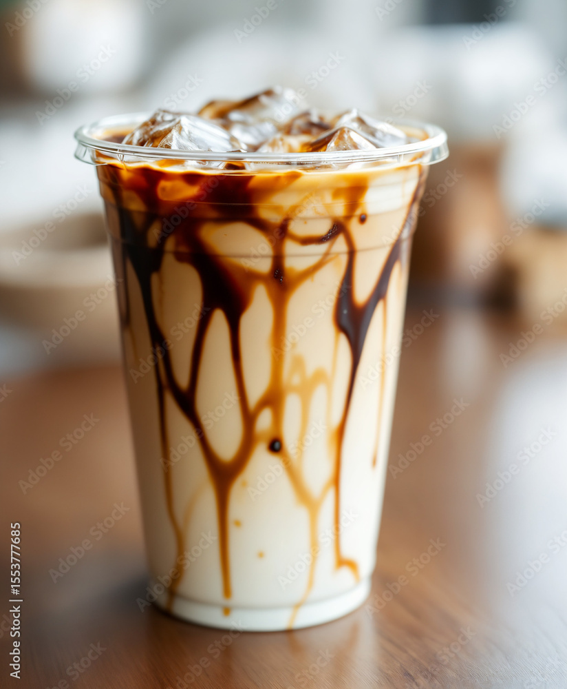 Iced caramel and chocolate latte in clear plastic cup, drizzled syrup ...