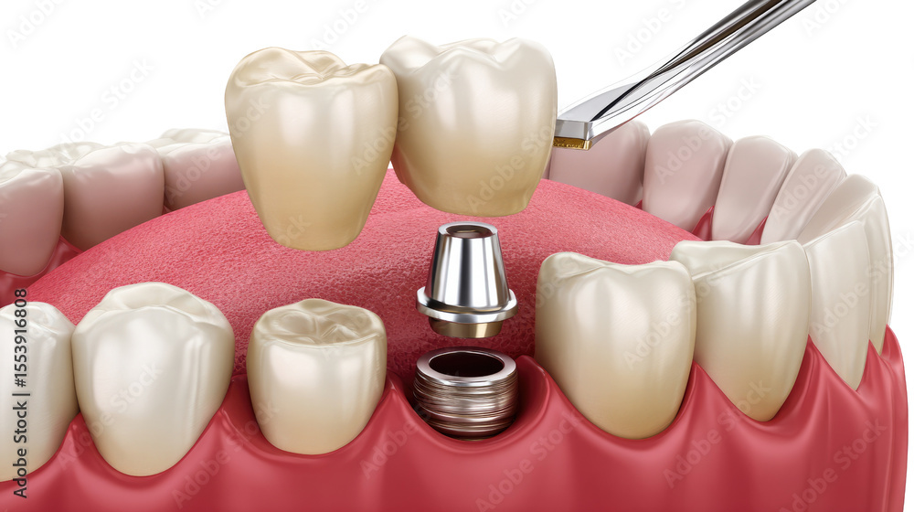 Dental Illustration of Implant Procedure: A detailed medical illustration showcases a dental ...