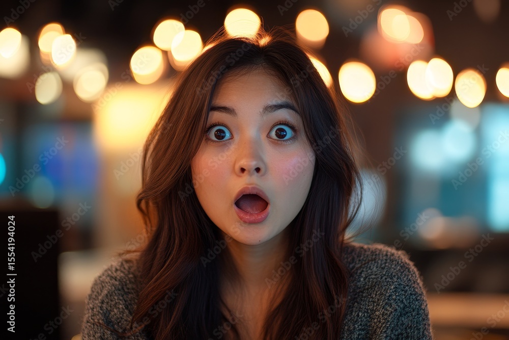 Asian young woman with a shocked expression, reacting to an ...
