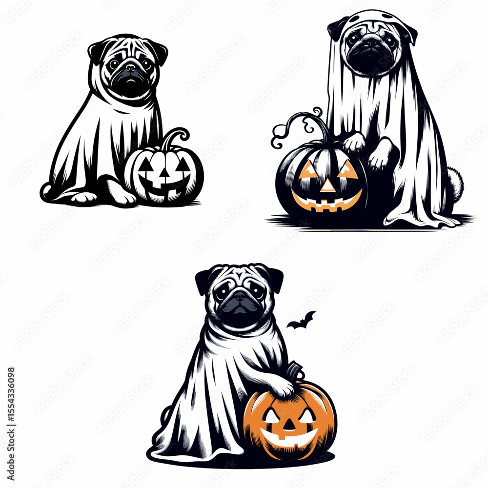 Stock-Vektorgrafik „Pug Dog wear ghost costume and sitting on jack o ...