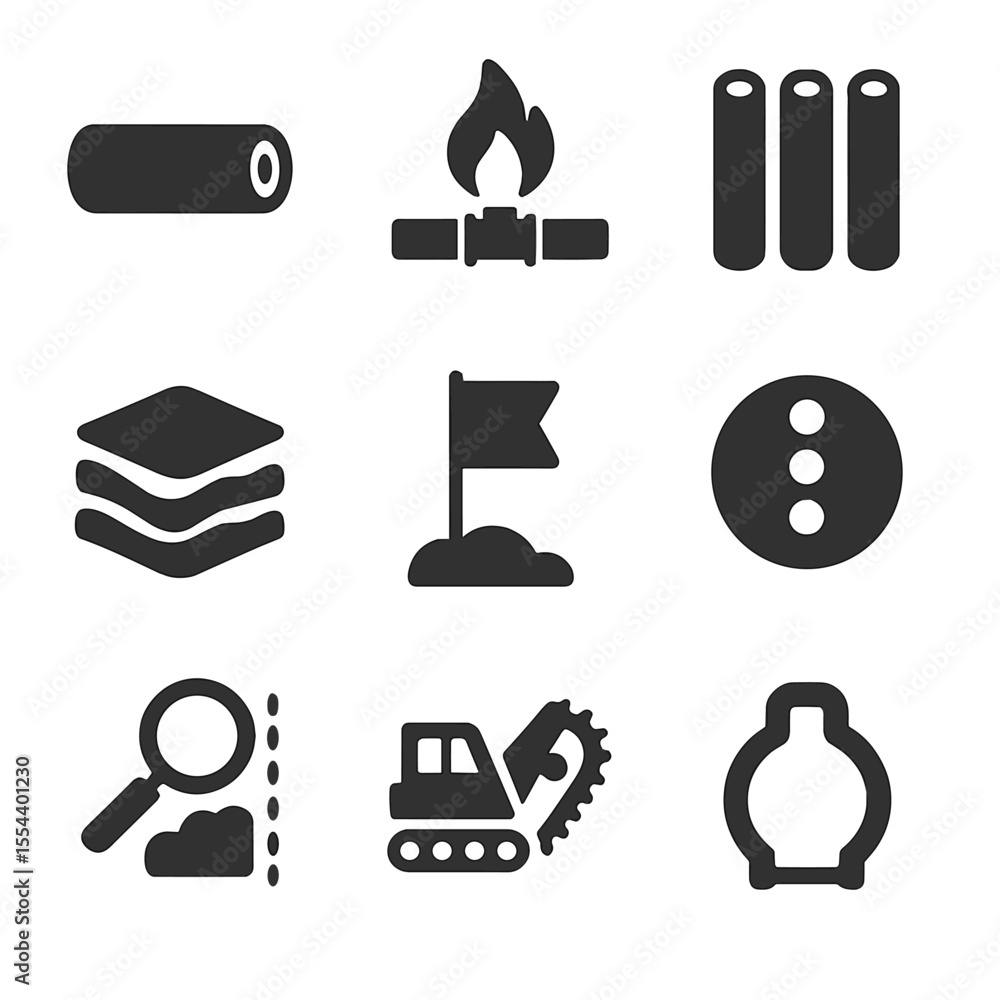 Utility Trenching Icons. Solid, filled icons set of utility trenching ...