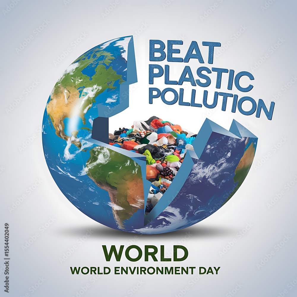 World Environment Day illustration featuring Earth with plastic pollution, promoting the message ...