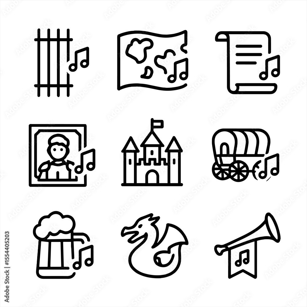 RPG Game Icon Set. Outline icon set of RPG game OST: theme chord, world ...