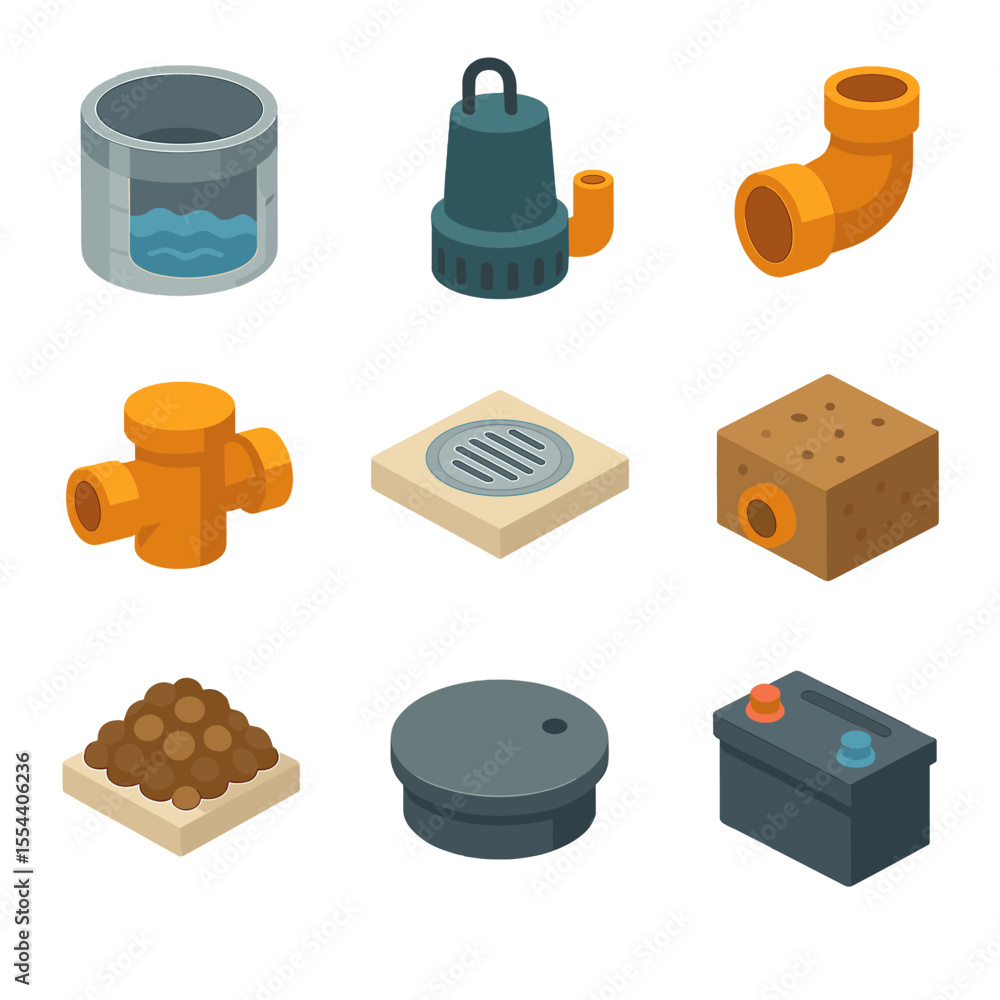 Sump Pump Icon Set. Isometric Flat icon set of sump pump and drainage ...