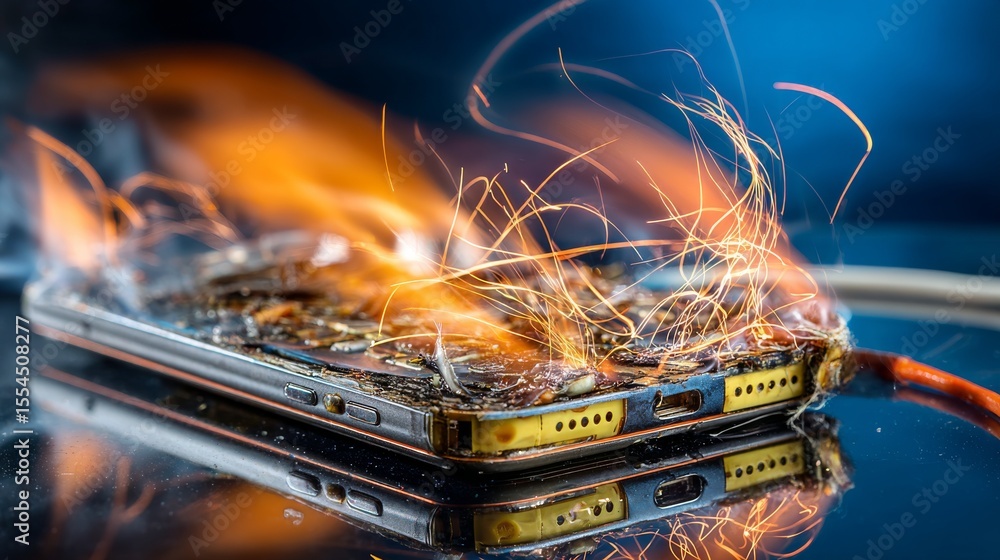 Smartphone on fire due to old battery damage from charging, showing ...