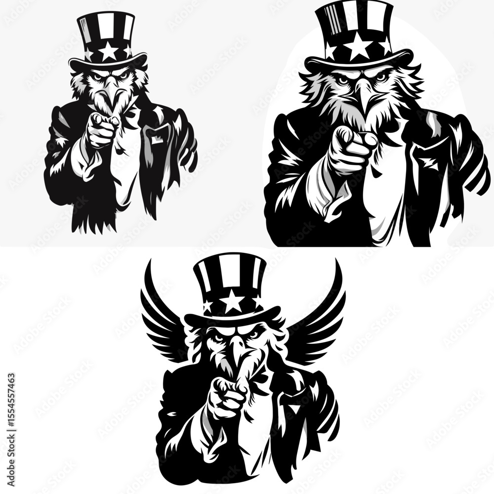 Praca wektorowa bez tantiem: Bald Eagle fullbody wear american top hat ...