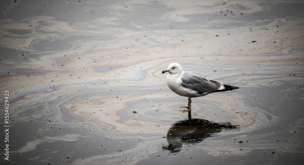A seagull stands in shallow water contaminated by an oil slick, with ...