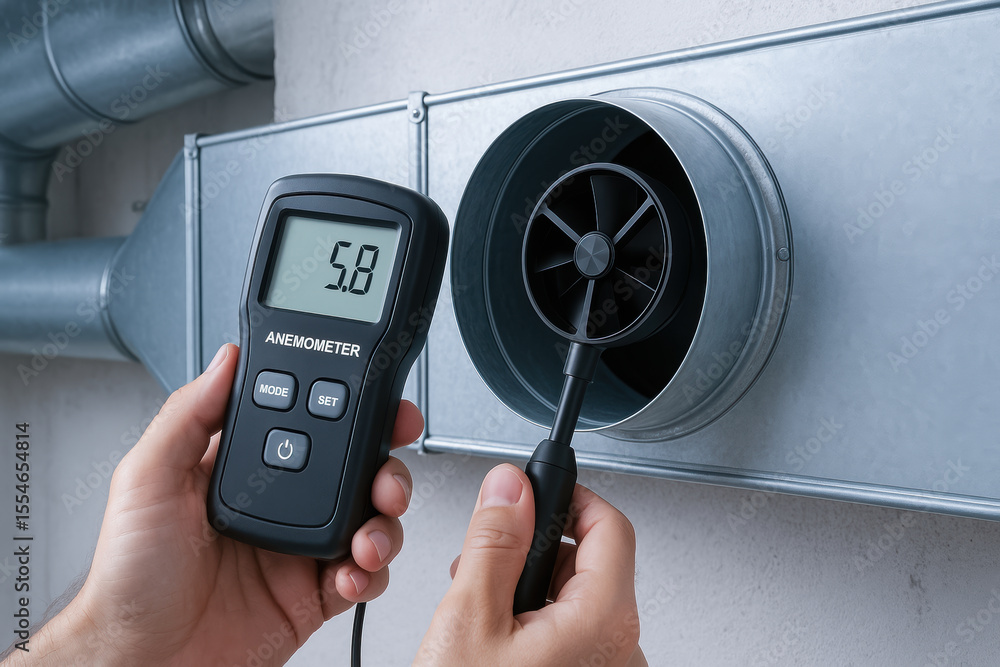 Air duct engineering industry technician measuring airflow speed with ...