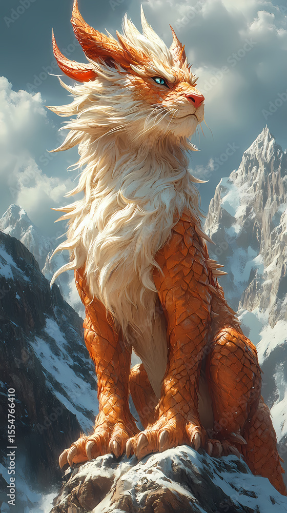 Babylonian dragon Mushkhushshu. A mythical creature among mountains ...