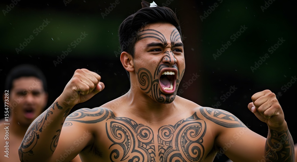 Young Maori man with tā moko (traditional tattoo) performing haka ...