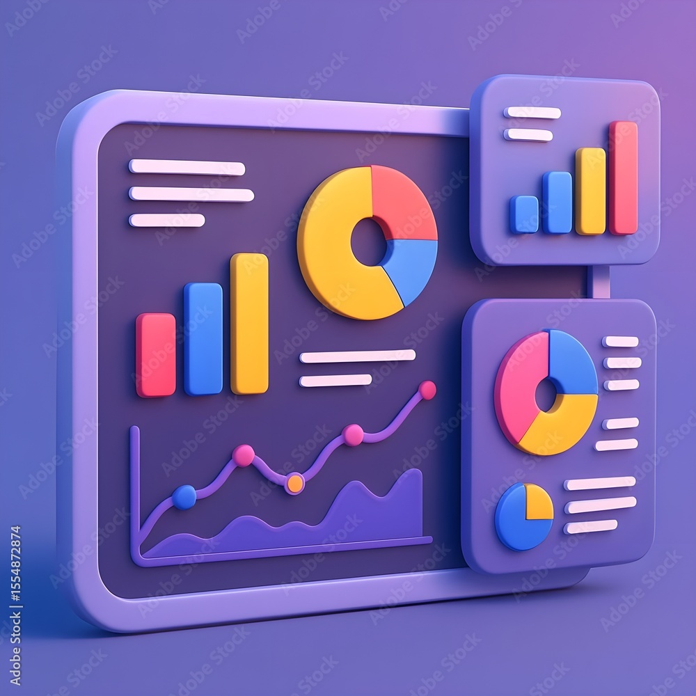3D Business Analytics Dashboard Vector | Stylized 3D vector of a digital dashboard with colorful ...