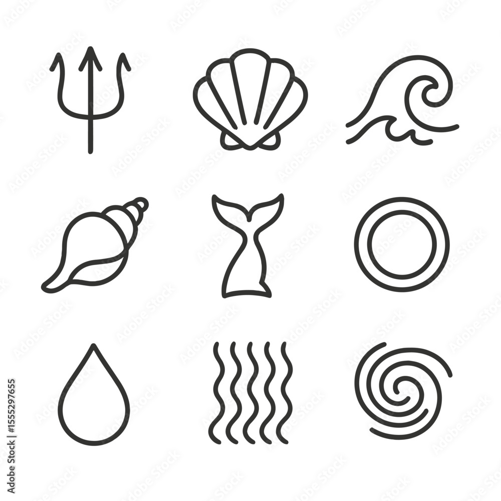 Sea Deities Icons. Line style icons of Sea Deities: Poseidon trident ...