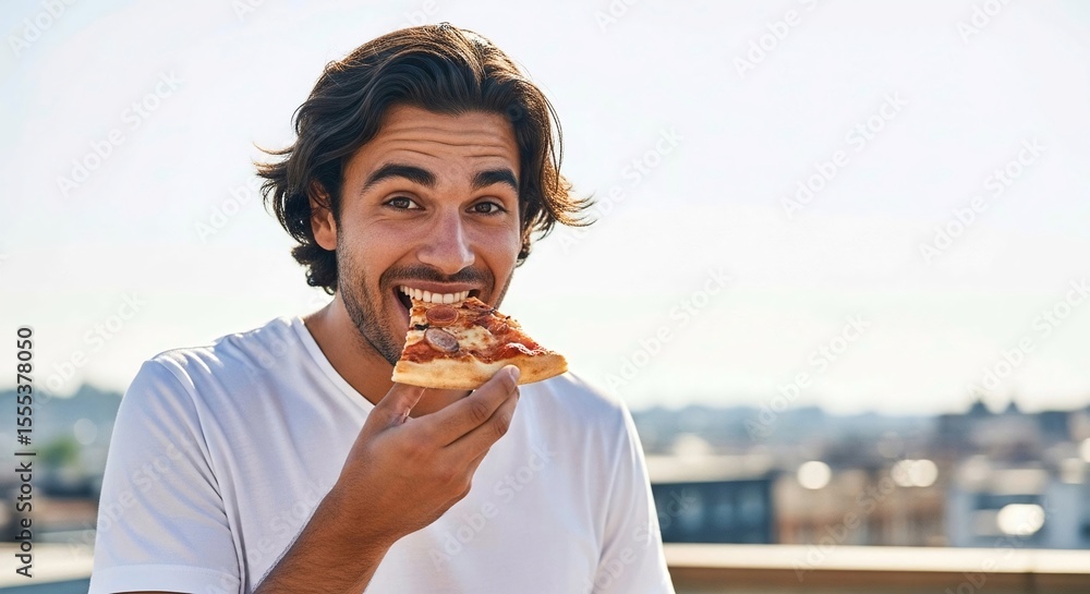 handsome young man eating a slice of pizza, cheese, pepperoni, tomato ...