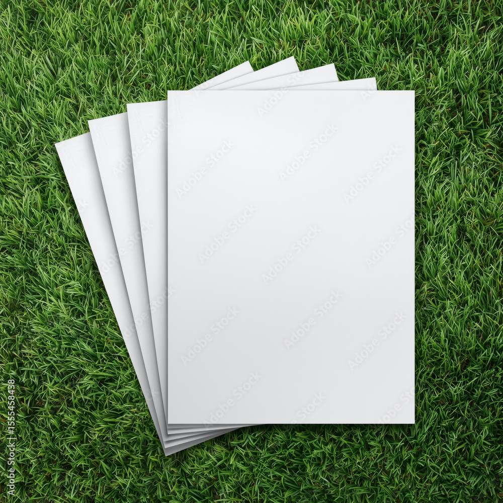 Top view of a stack of blank A4 paper sheets on green grass for mockup ...