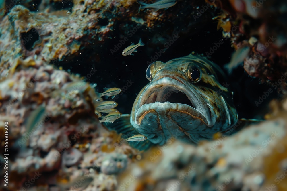 Camouflaged Grouper Ambushing Small Fish on Rocky Ocean Floor Stock ...