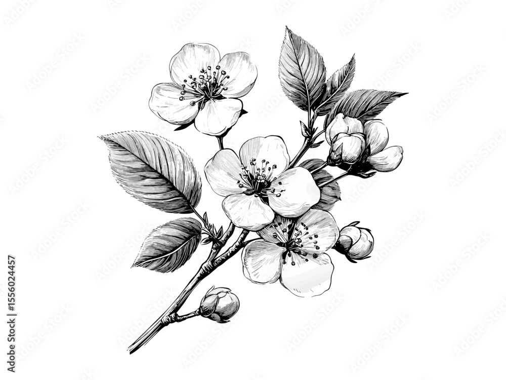 Vintage floral illustration, spring cherry blossom branch engraving ...