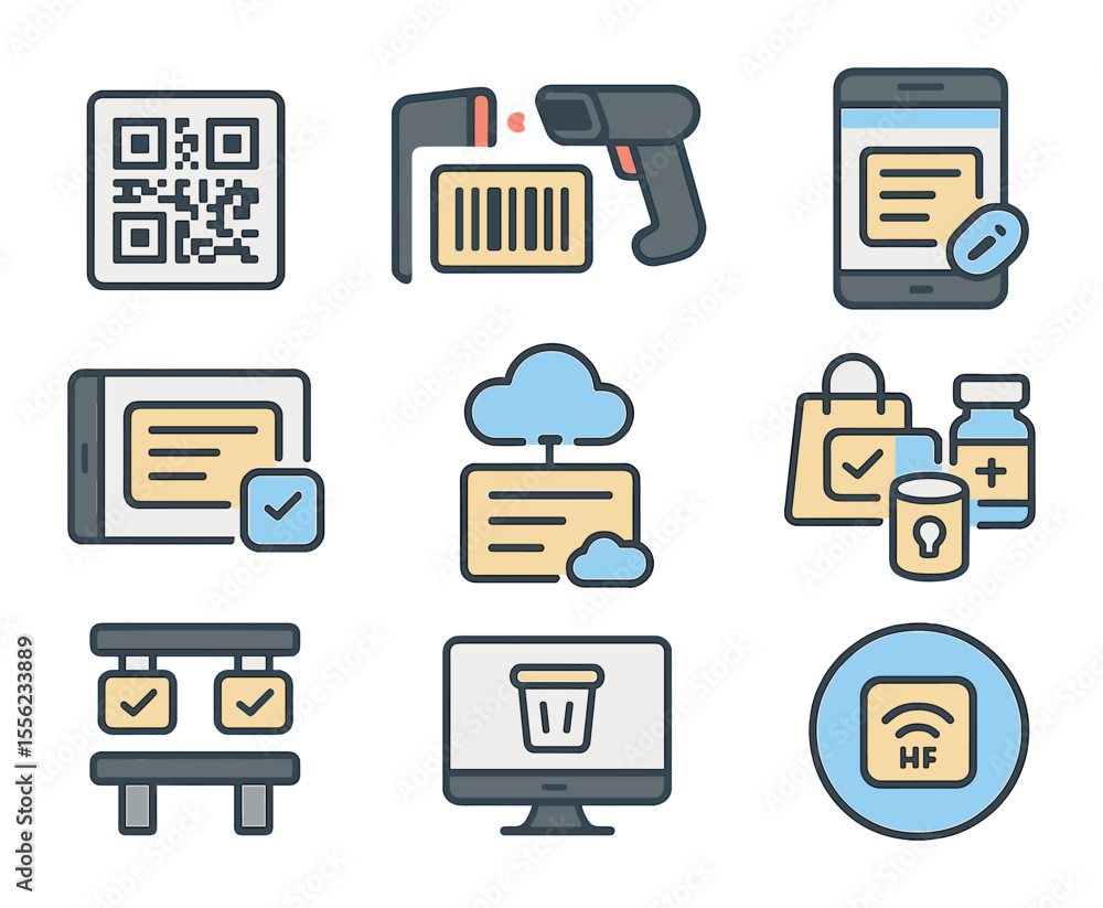 Digital Labeling Icons. Flat icon set of digital labeling and QR ...