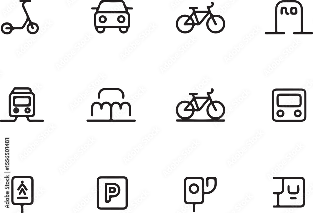 Urban Transportation Icons Cars, Bikes, Trains, Scooters, and Parking ...