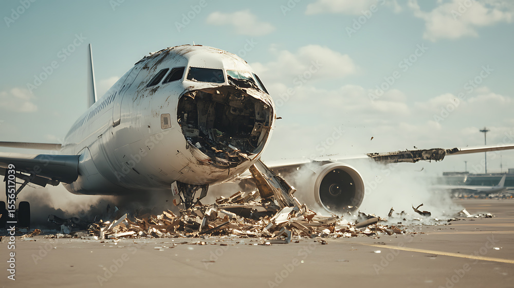 Wreckage of an aircraft disaster with severe damage to the plane on a ...