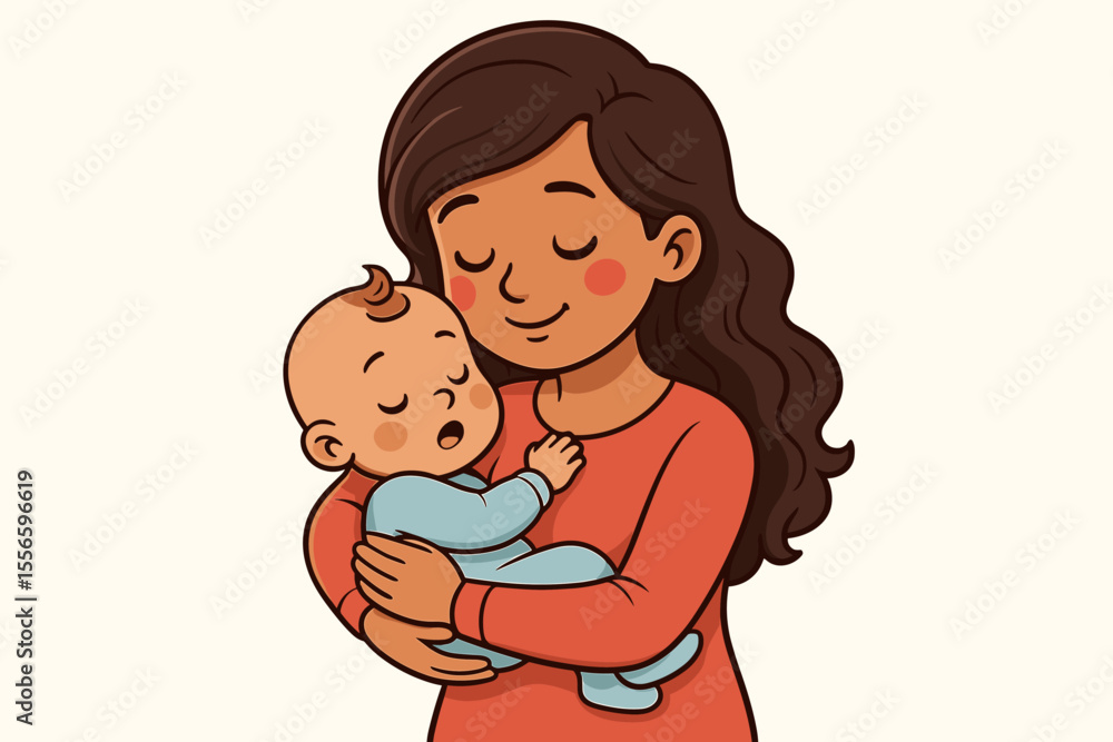 Loving mother holding her sleeping newborn baby. Cute cartoon ...