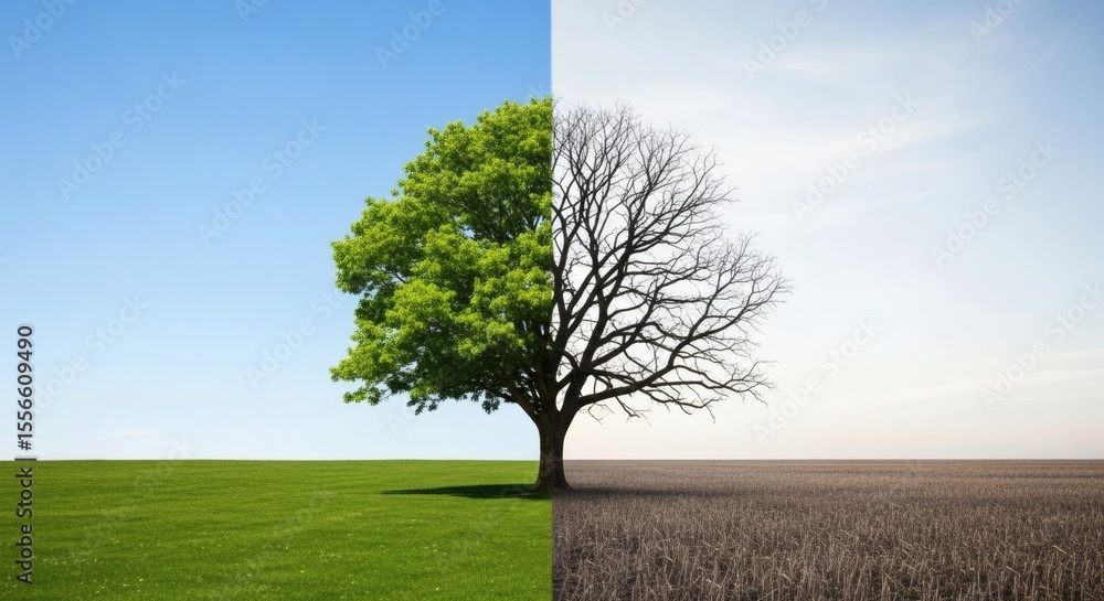 Climate change concept showing half green tree and half dead tree on a ...