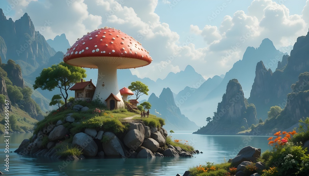 Tiny Mushroom Island – Whimsical Nature Scene for Fantasy, Botanical ...