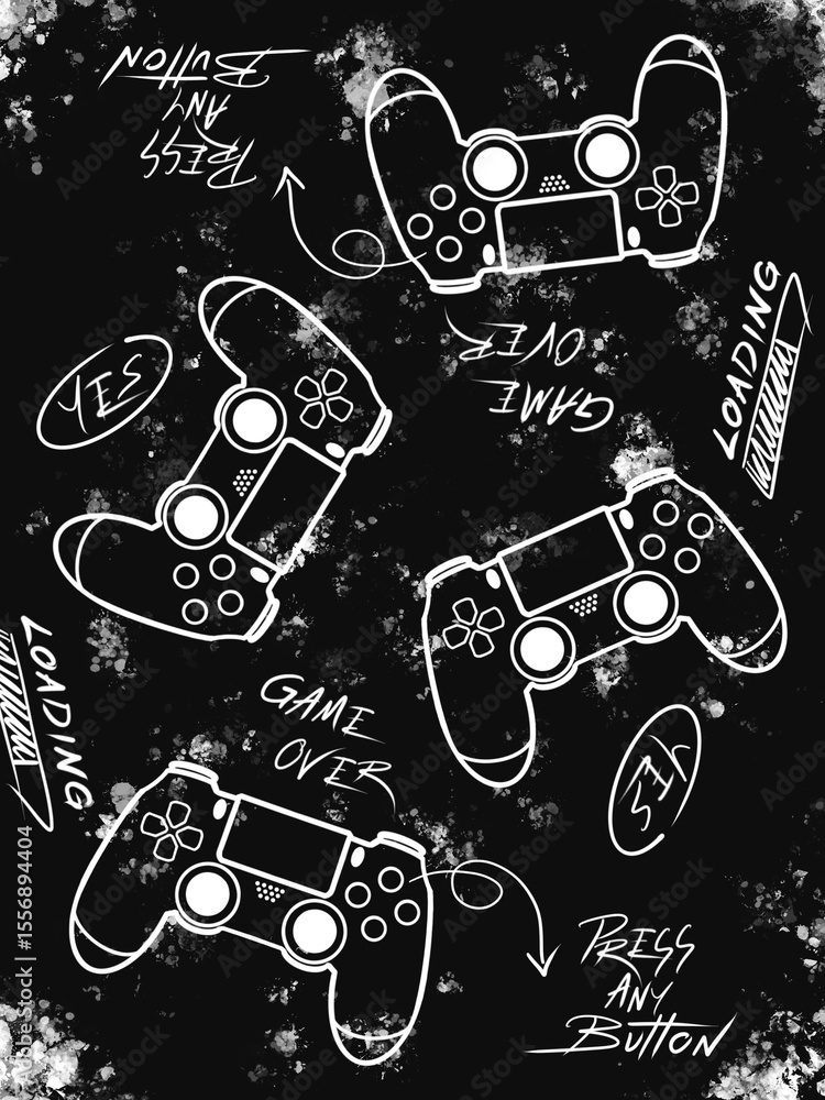 Ilustração Seamless gaming pattern with hand drawn game controllers and ...