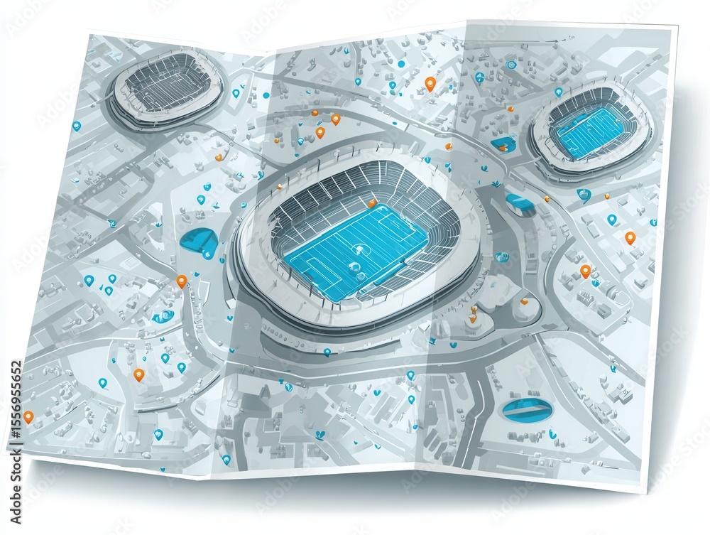 Ilustración de Stock Illustrated map depicts three sports stadiums with ...