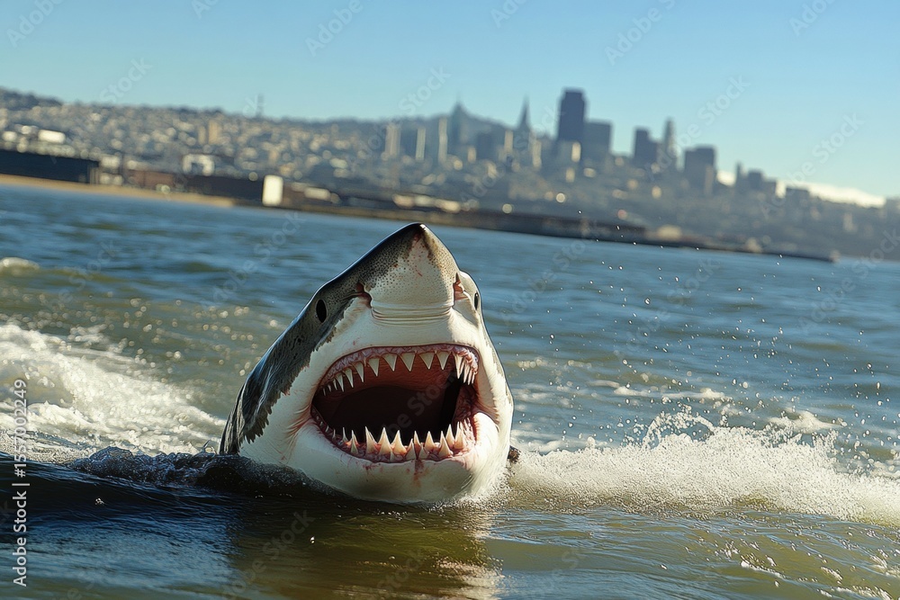 Stock-Foto „Great white shark leaping with open mouth, showcasing teeth ...
