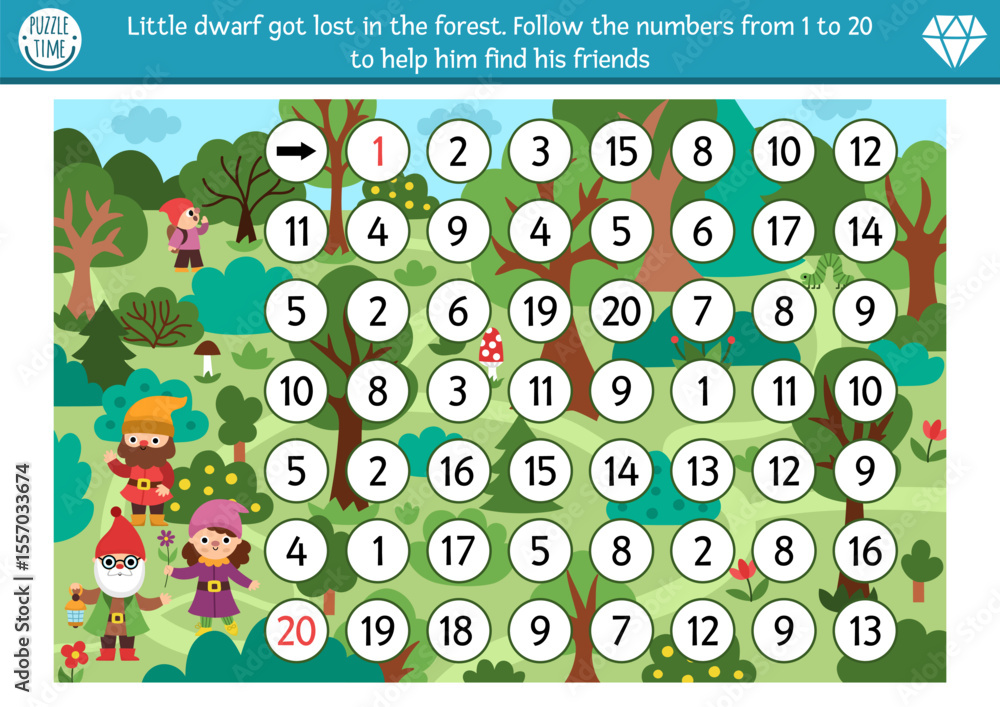 Math game with cute little dwarf lost in forest. Fairytale or magic ...