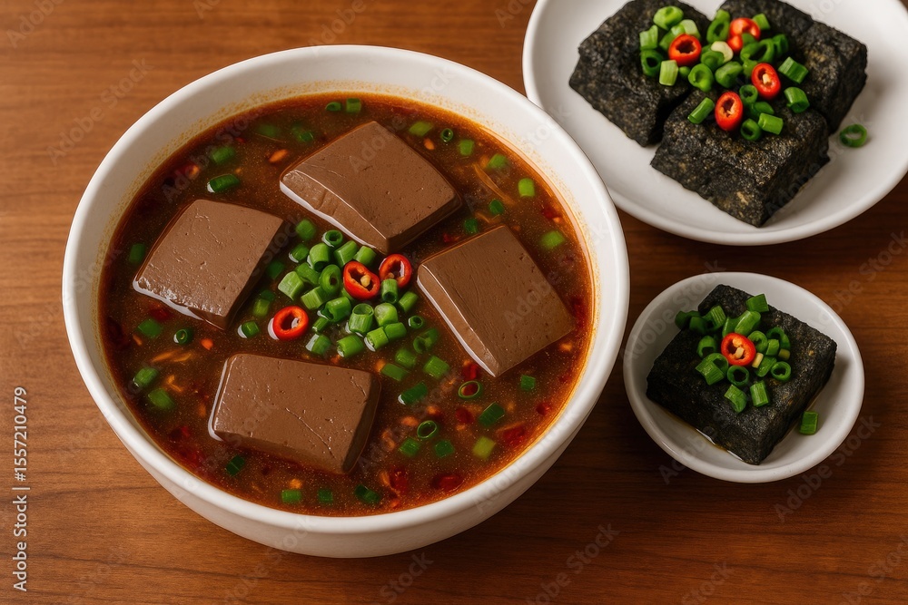 Savory spicy duck blood jelly served with fragrant scallions and chili ...