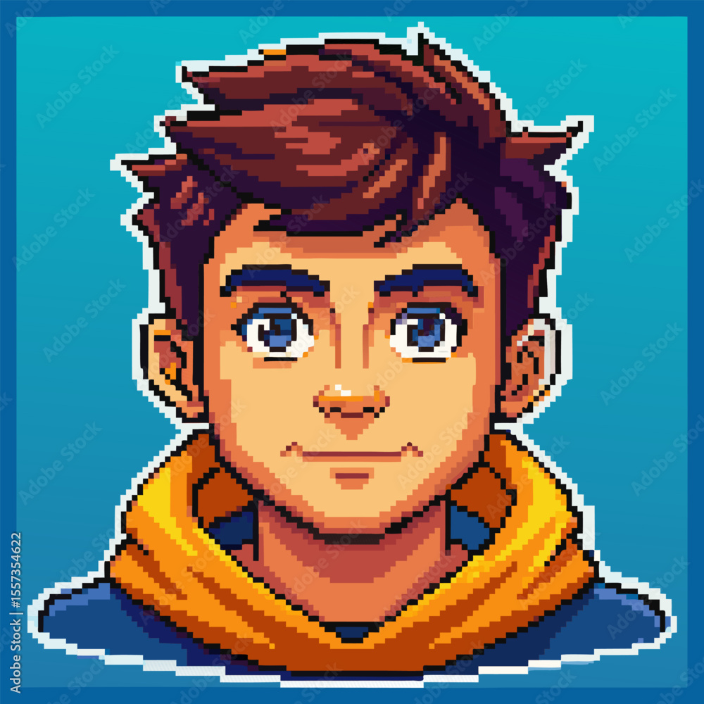 Young Male Character with Brown Hair and Blue Eyes in Pixel Art Style ...