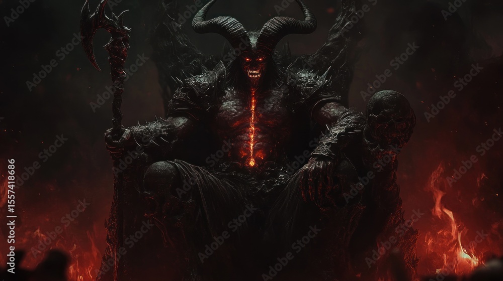 Demon king sitting on a fiery throne Stock Illustration | Adobe Stock