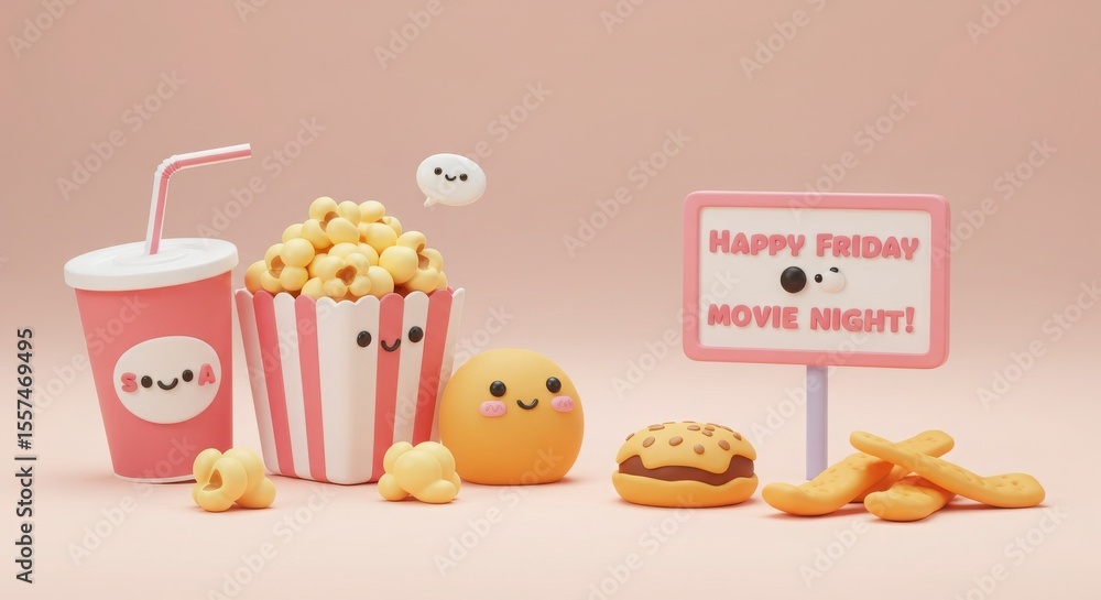cute 3d cartoon characters of playful snack with popcorn, beverage cup ...