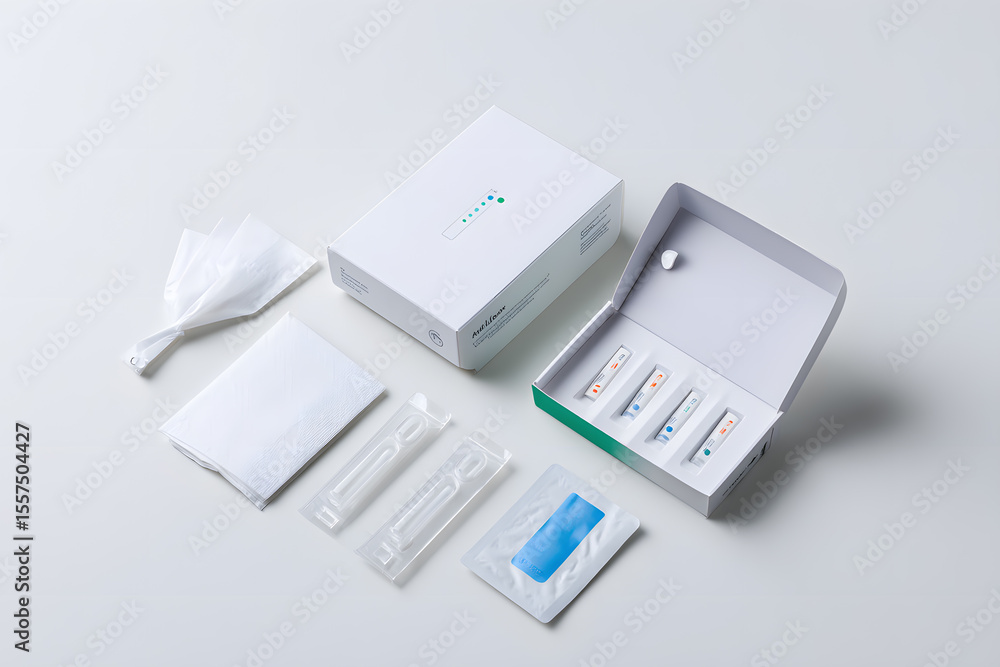 Complete at-home allergy testing kit with components laid out on white ...