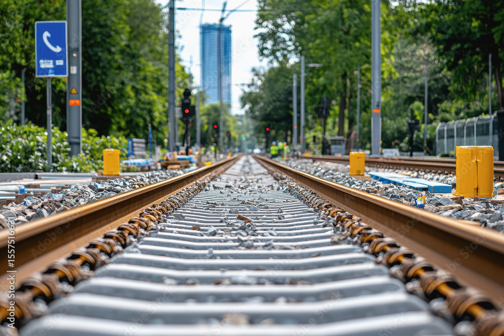 Urban train track leading towards a modern building with clear skies ...