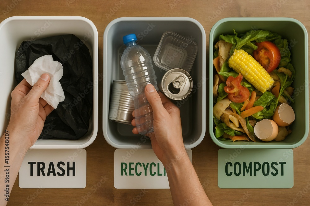 Hands placing different types of garbage into labeled bins, promoting ...