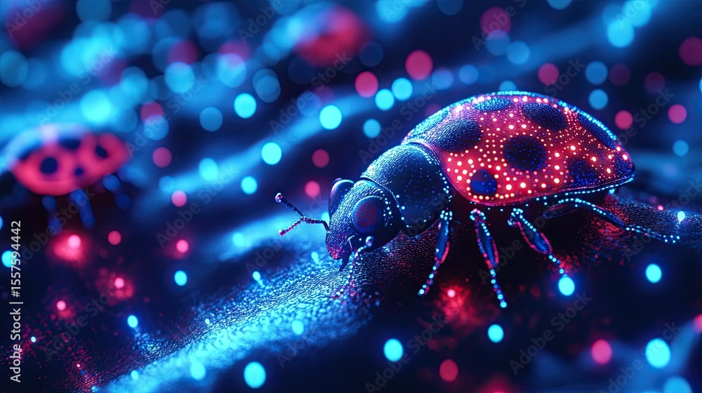 Galaxy ladybug world glowing with neon blue cosmic dots and ladybug ...