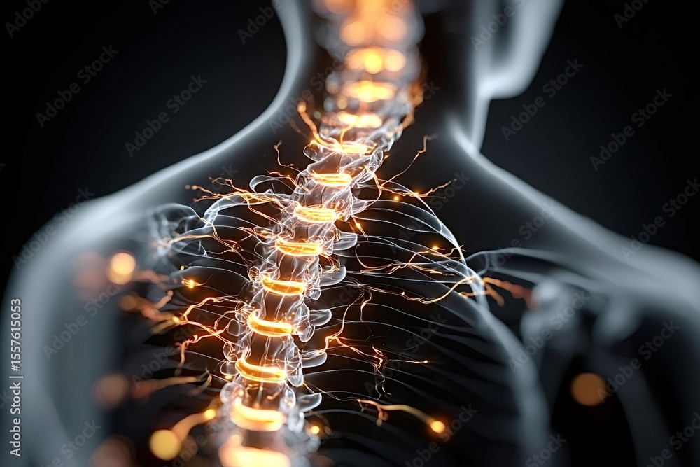 Energy flows through the human spinal cord, illuminating the vertebrae ...