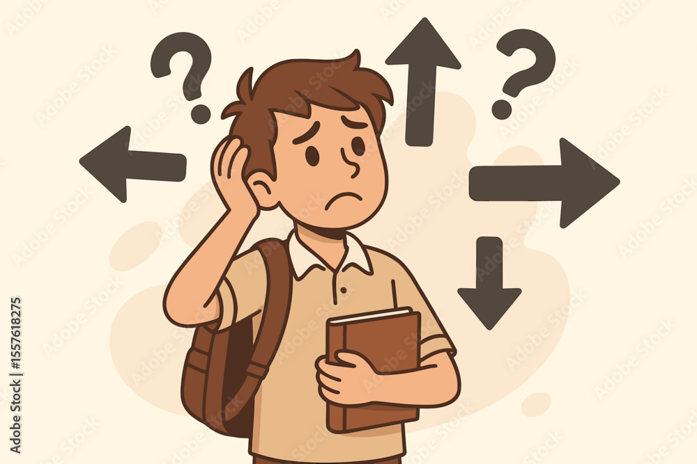 Confused student at crossroads, decision making dilemma, cartoon boy ...