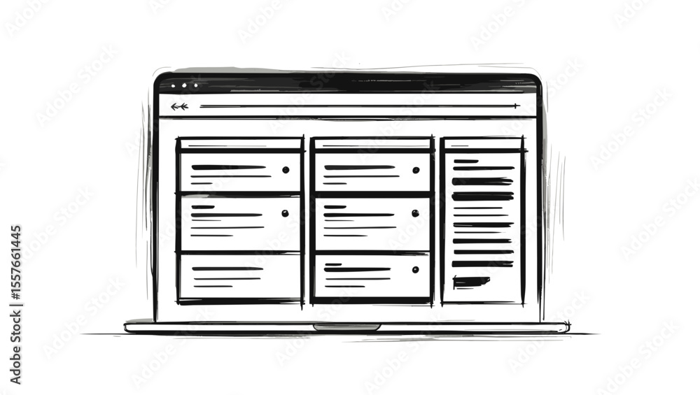 Sketch of a laptop displaying a trello board with columns and task ...