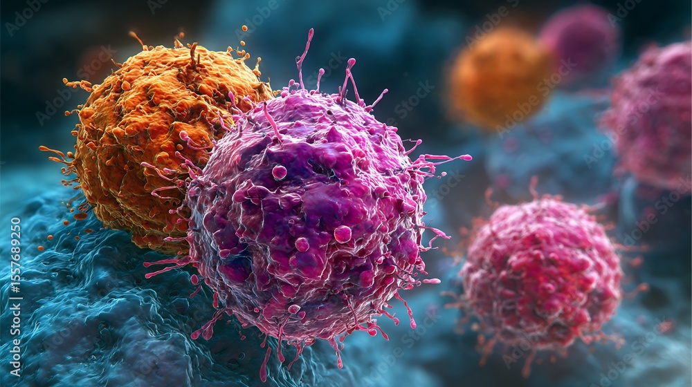 Electron microscope photo of viral particles attacking human cell ...