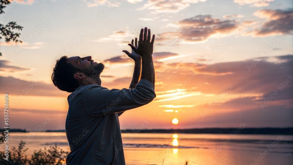 Man praying to God on sunset. Man prays to the open sky. Chrisitan ...