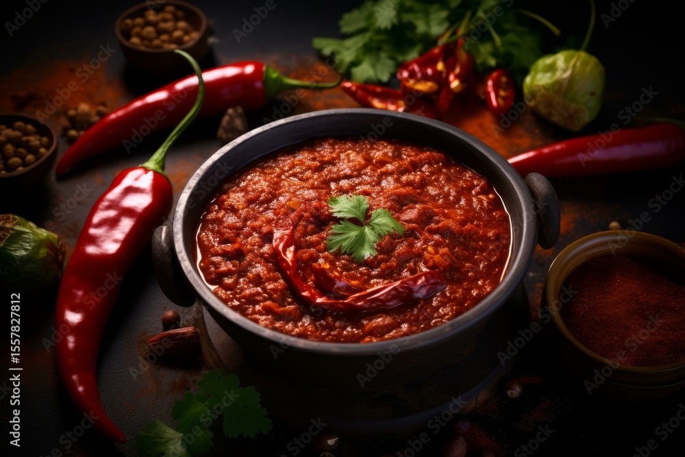Traditional harissa paste seasoned with chili peppers, spices, and ...