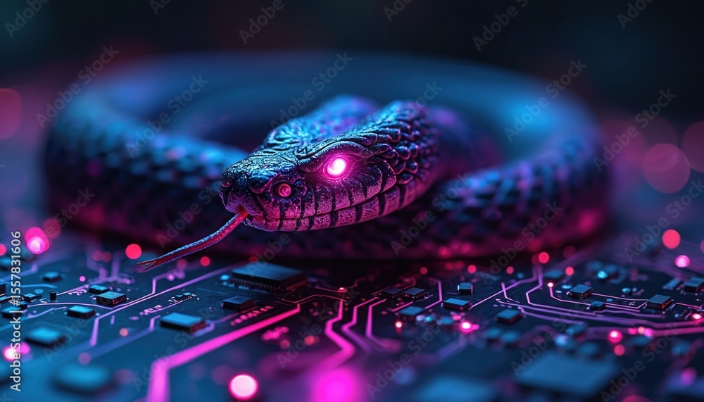 Glowing snake in center of code lines. Python programming symbol with ...
