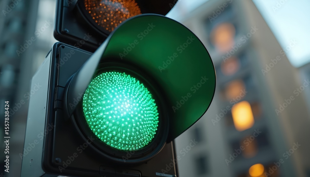 Close-up of urban traffic light with green signal lit up. Signal lights ...